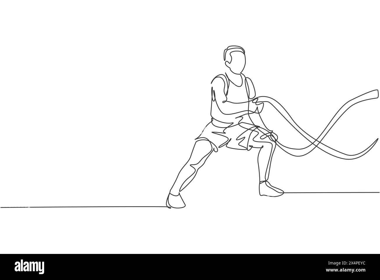 One single line drawing of young energetic man exercise on battle rope to train endurance in gym ...
