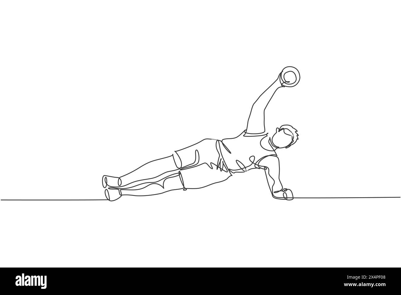 One single line drawing of young energetic man working out doing side plank with dumbbell in gym ...