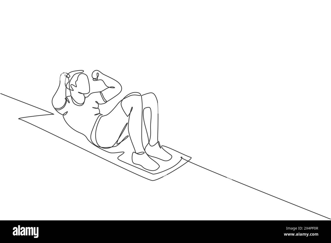 Single continuous line drawing of young happy man exercising doing sit ...