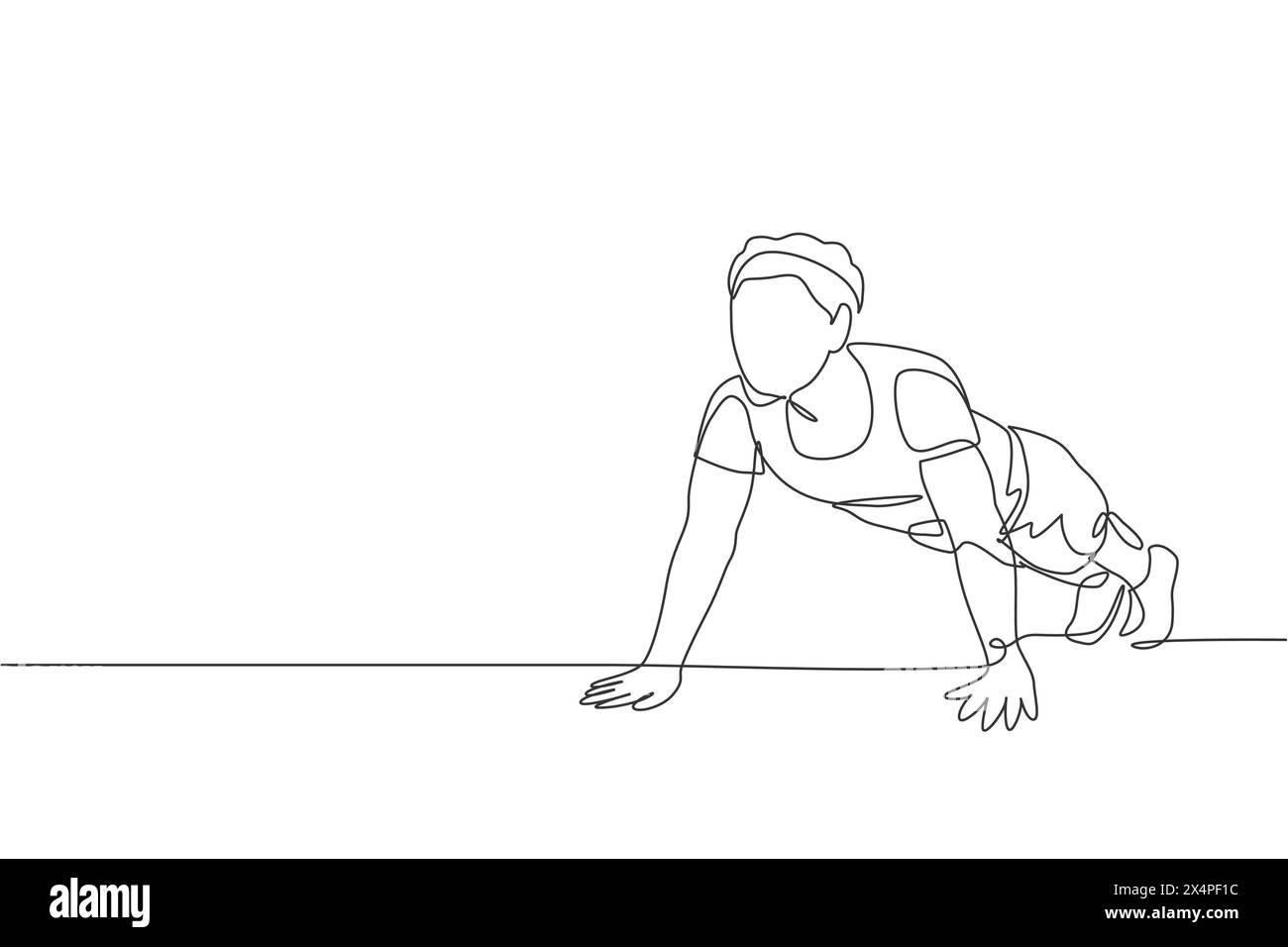 One continuous line drawing of young sporty man working out push up in ...