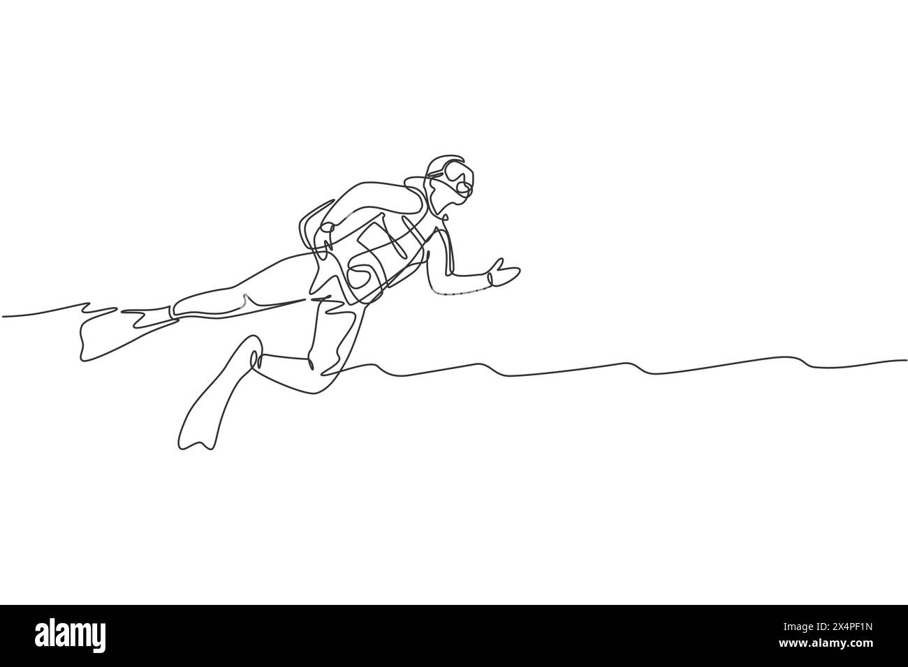 One single line drawing of young energetic man swimming on sea ocean to see fish, coral reef and ...
