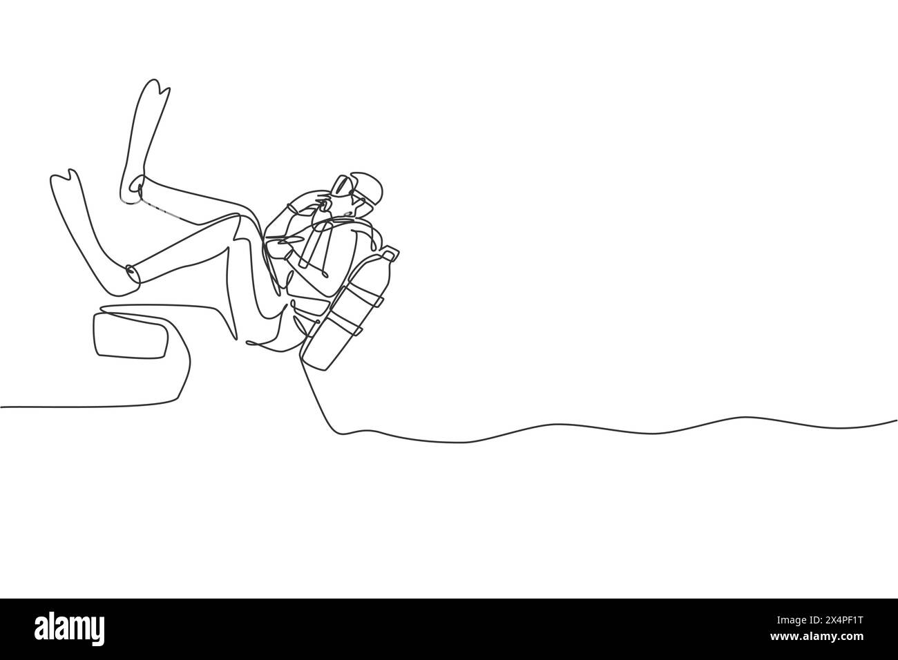 One continuous line drawing young sporty man jump down into the sea ...