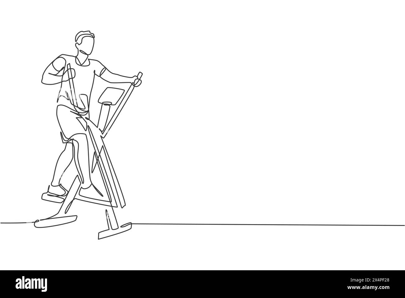 One continuous line drawing of young sporty man working out with ...
