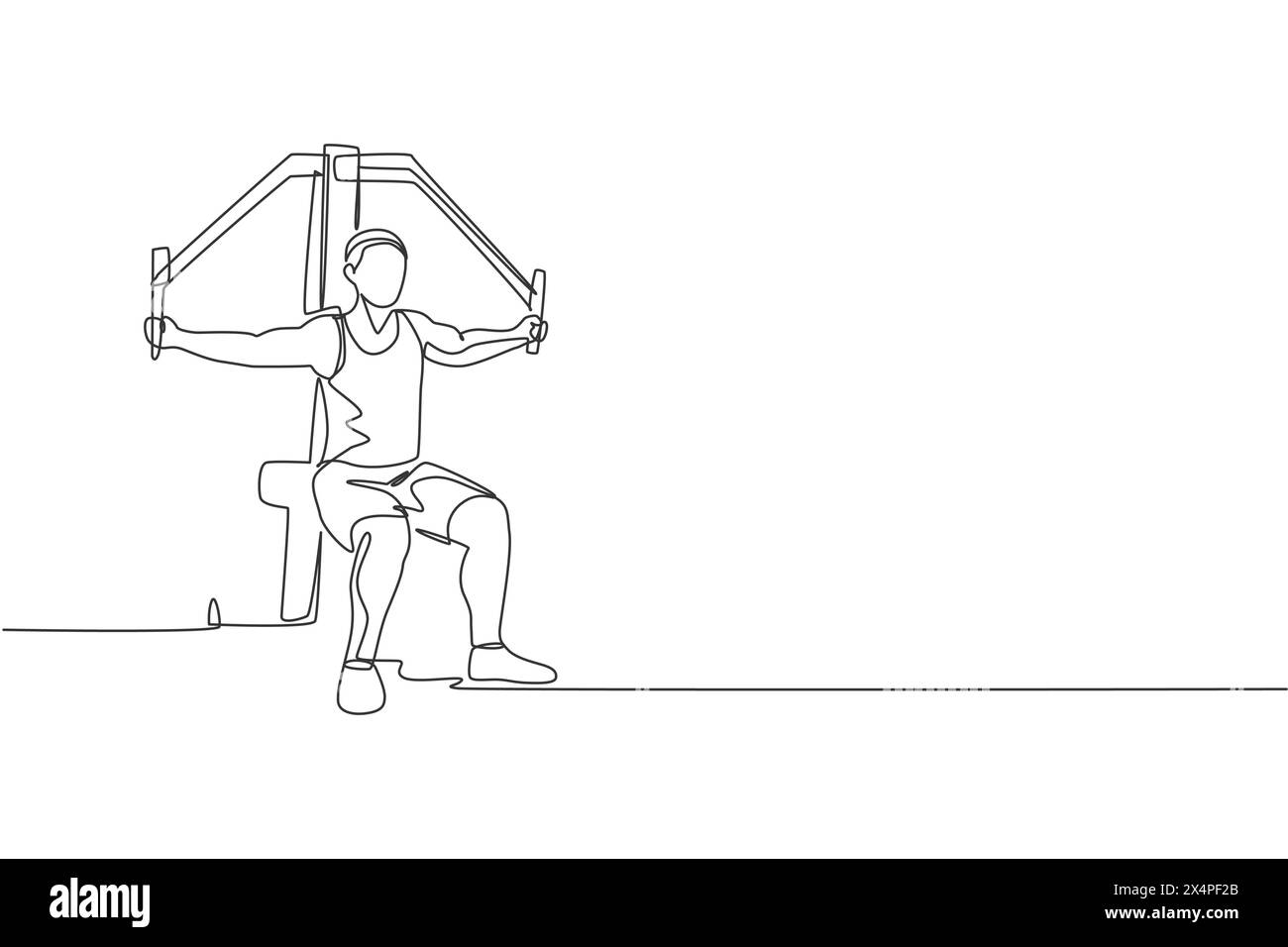 One single line drawing young energetic man exercise with hammer strength machine in gym fitness ...