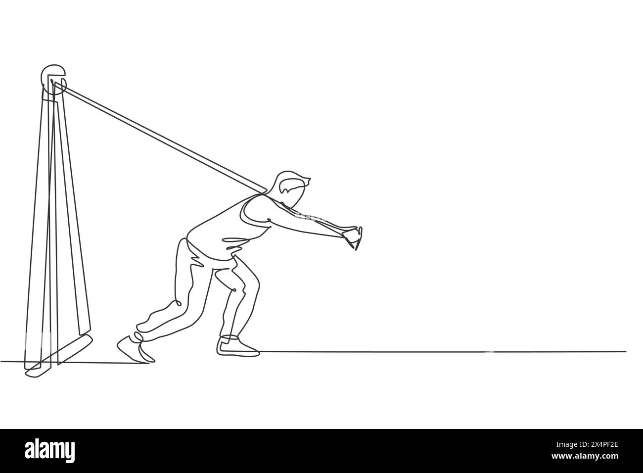 One continuous line drawing of young sporty man working out pull ...