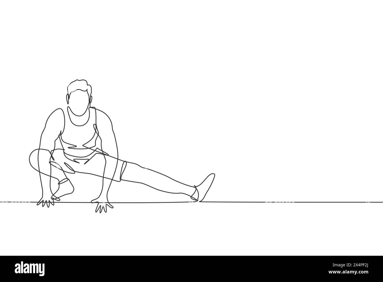 One continuous line drawing of young sporty man working out stretching ...