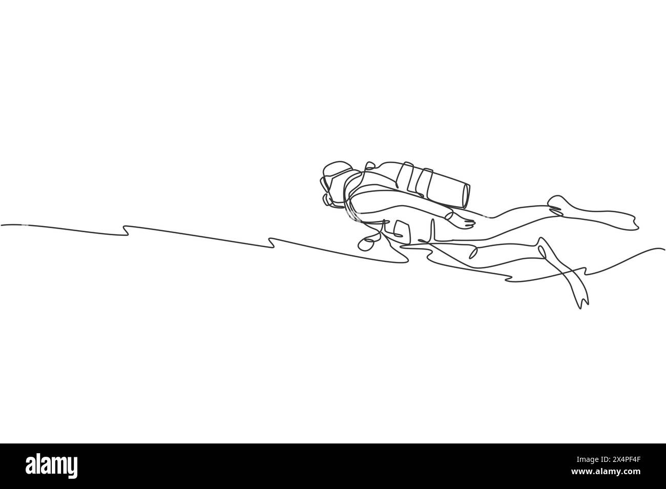 One continuous line drawing of young sporty man swimming into deep sea ...