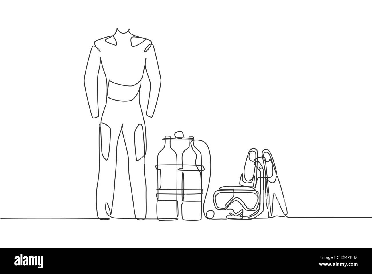 Single continuous line drawing of wetsuit, swimsuit, regulator, oxygen ...