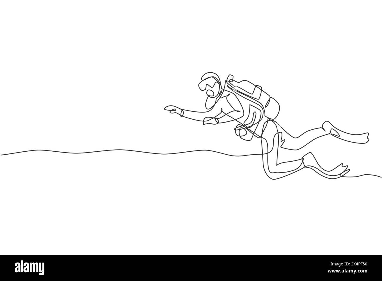One single line drawing young energetic man do scuba diving at sea ...