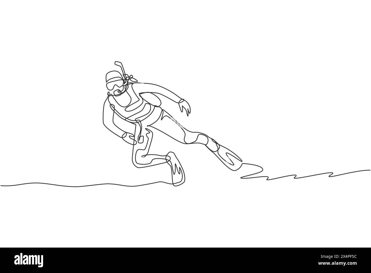 Single continuous line drawing young sportive man do scuba diving into ...