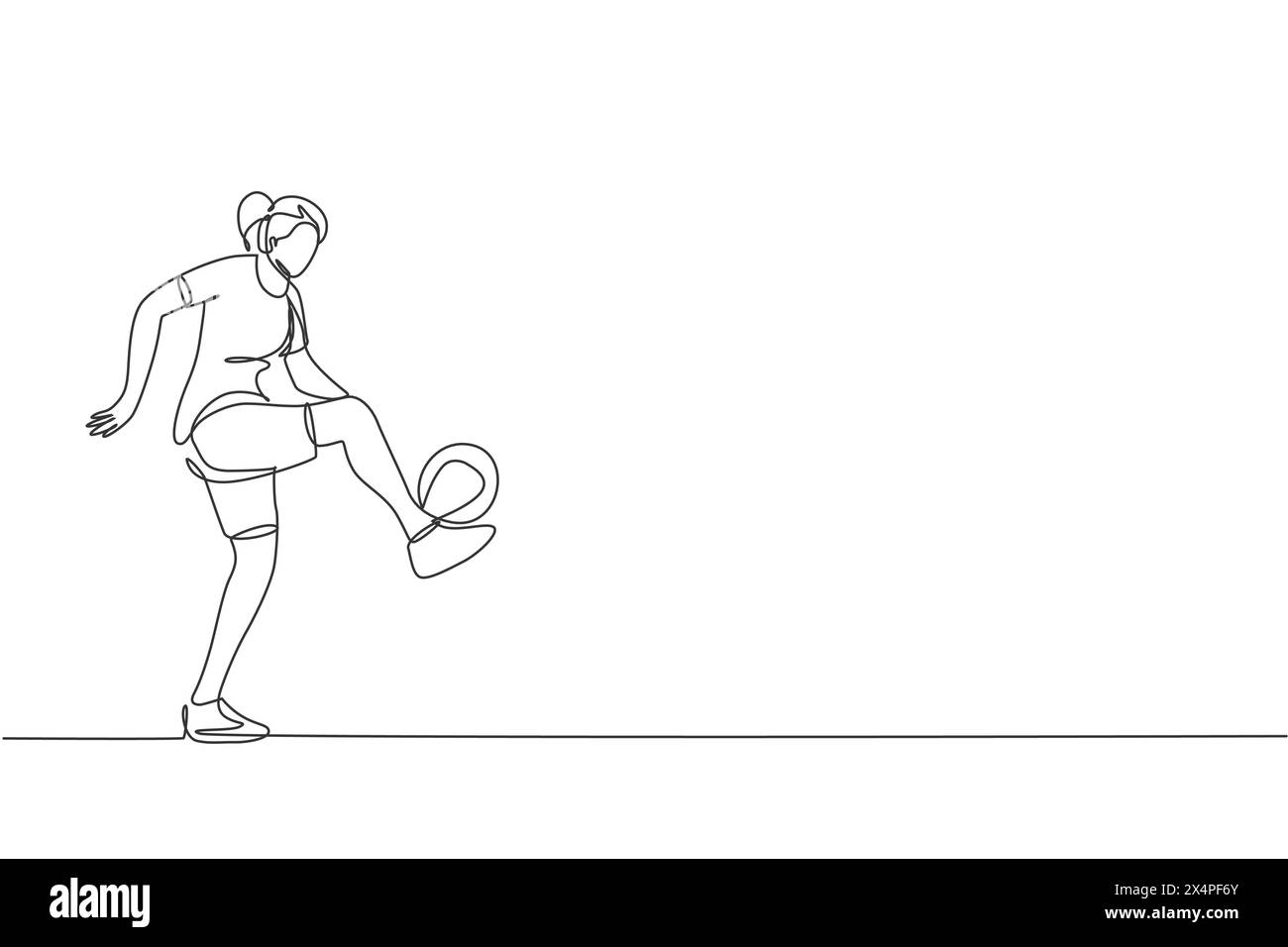 One continuous line drawing of young sporty woman soccer freestyler ...