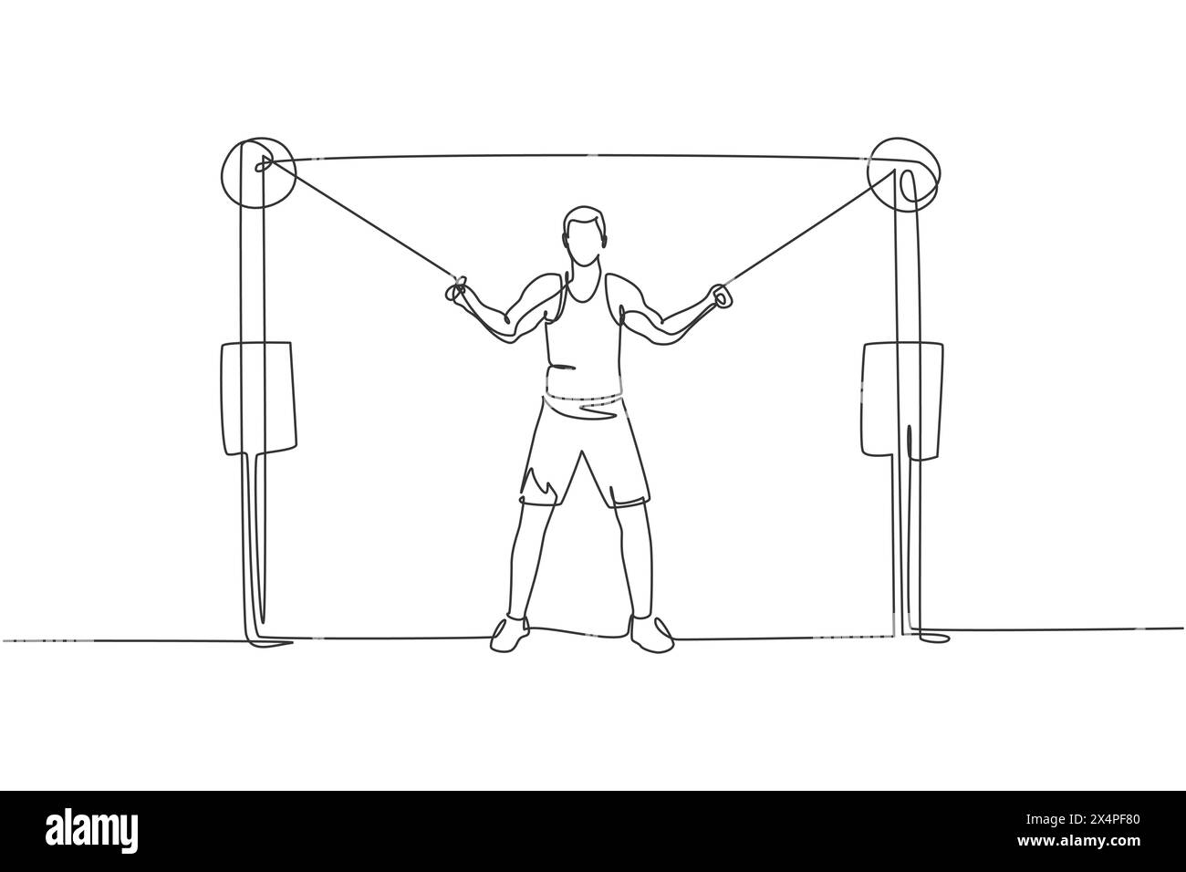 One single line drawing of young energetic man exercise with cross over ...