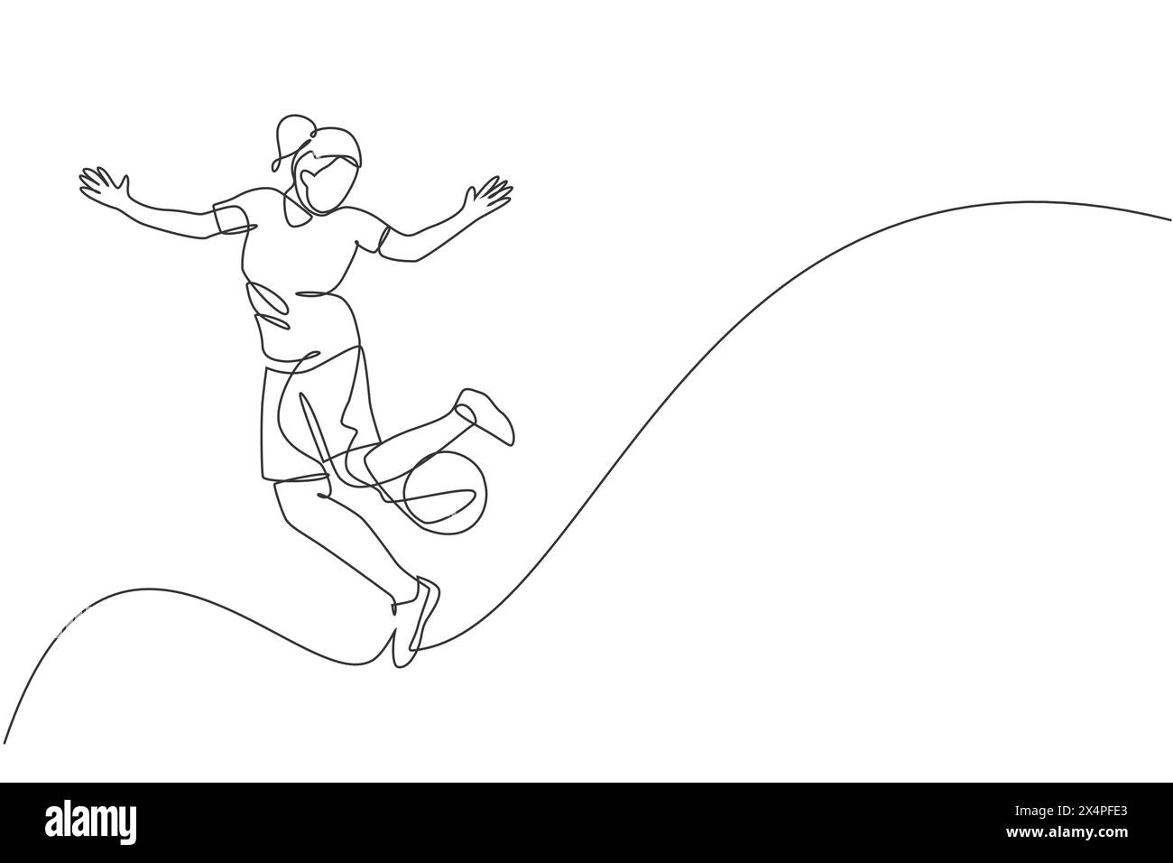 One single line drawing young happy woman perform soccer freestyle ...