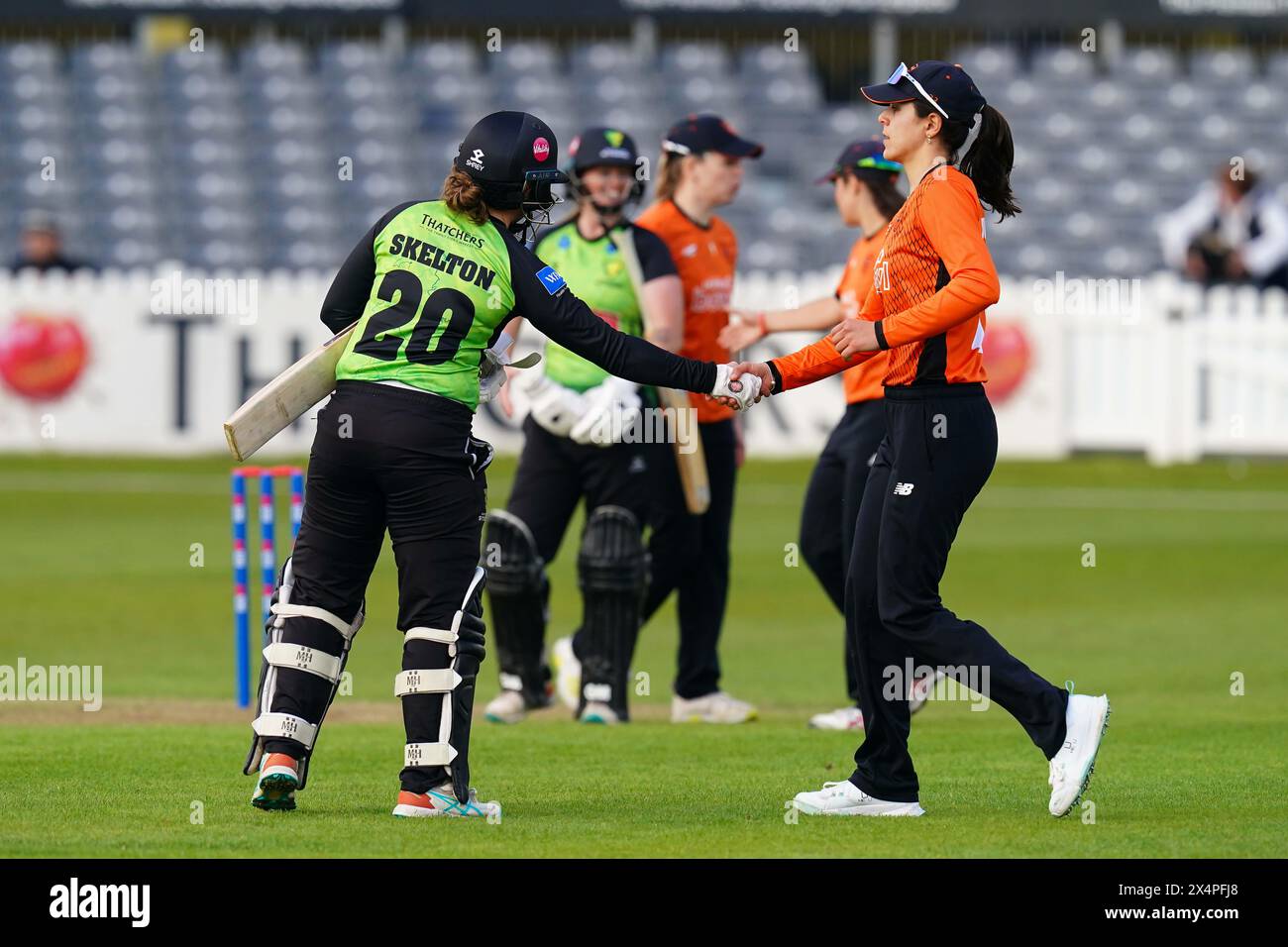 Bristol, UK, 4 May 2024. Western Storm's Chloe Skelton shakes hands ...