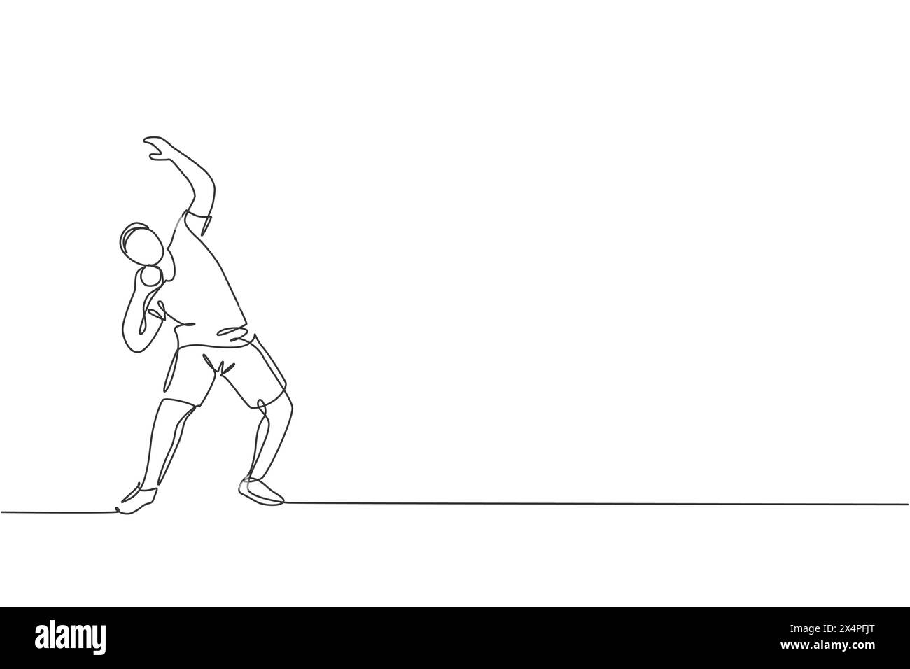 One single line drawing of young energetic man exercise the stance before throw shot put into ...