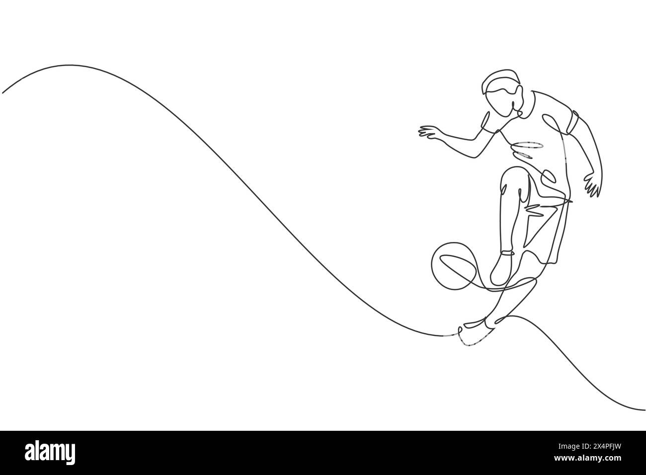 Single continuous line drawing of young sportive man train soccer ...