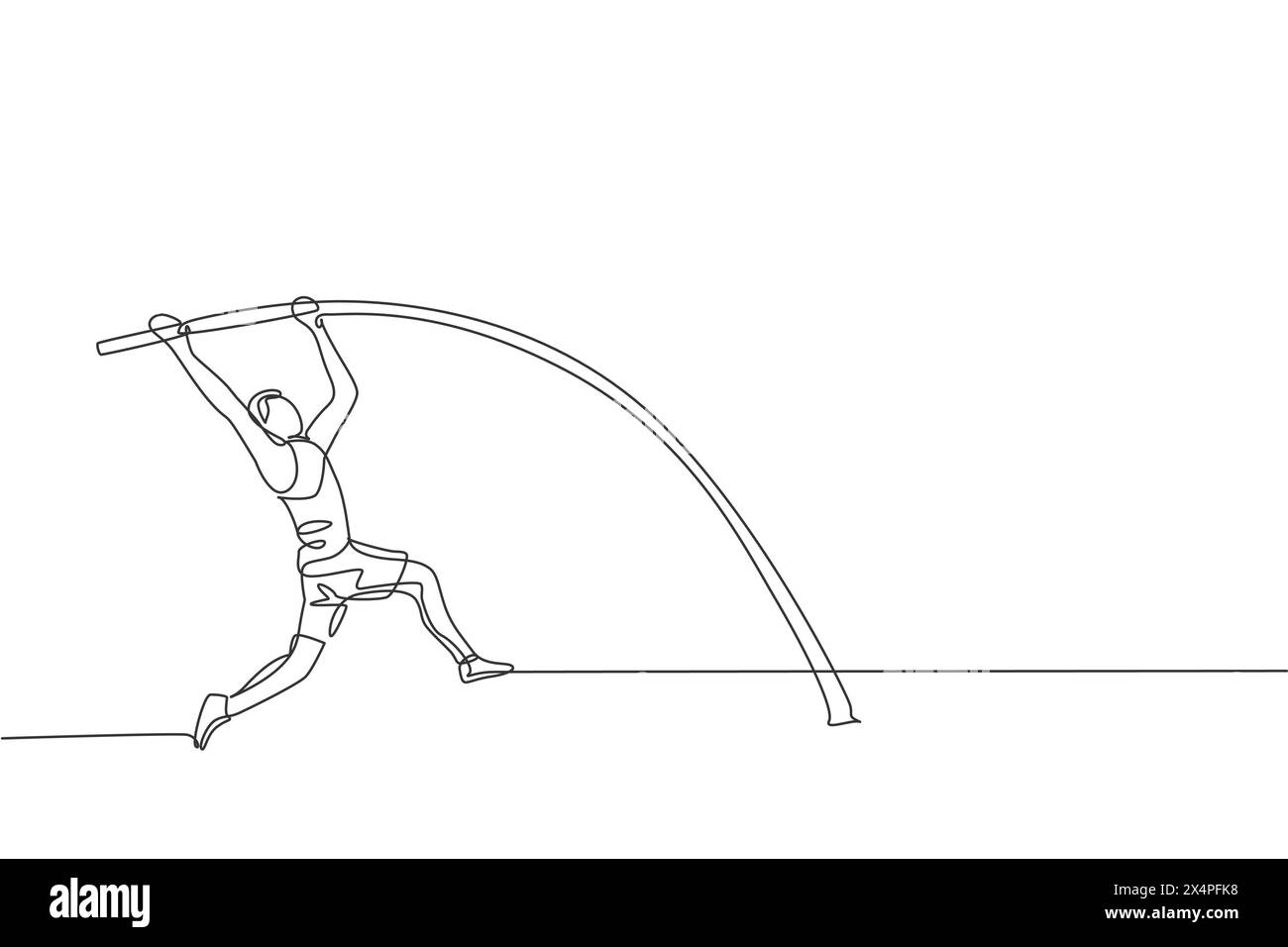 One continuous line drawing of young sporty man practicing pole vault ...