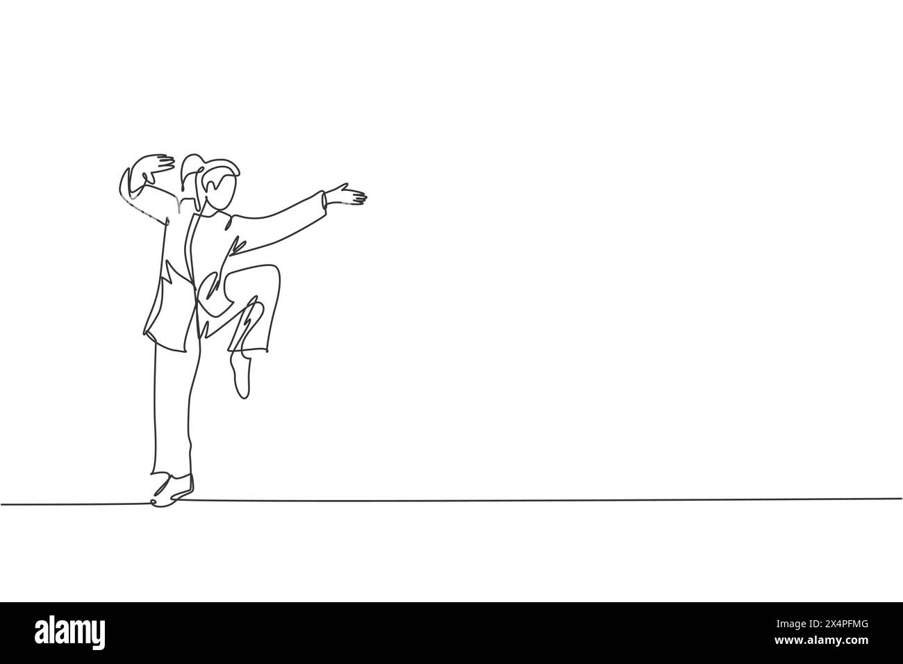 One continuous line drawing young wushu master woman, kung fu warrior ...