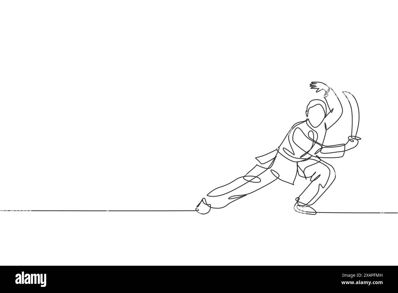 One continuous line drawing of young wushu master man, kung fu warrior ...