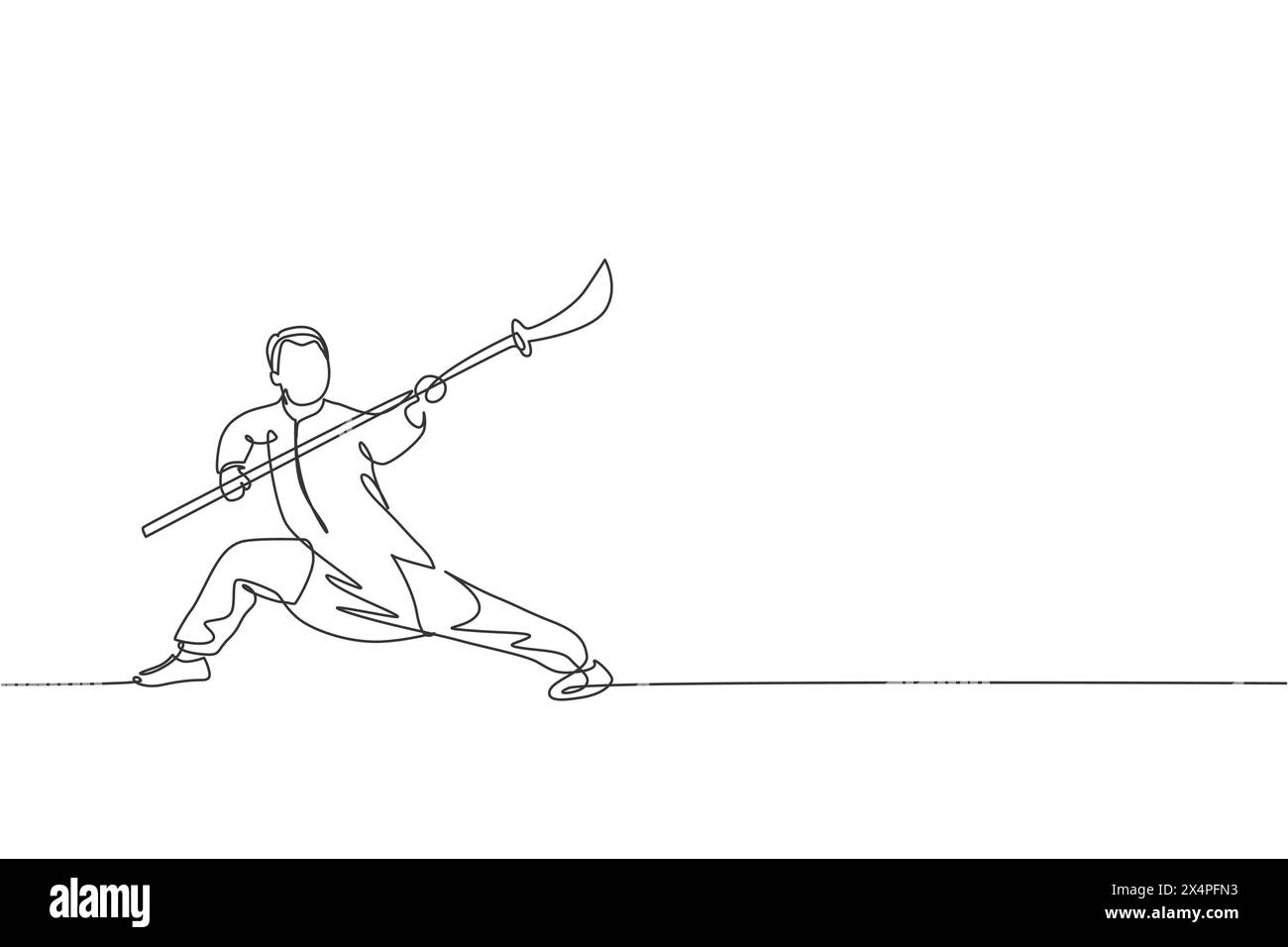 One single line drawing of young man on kimono exercise wushu martial ...