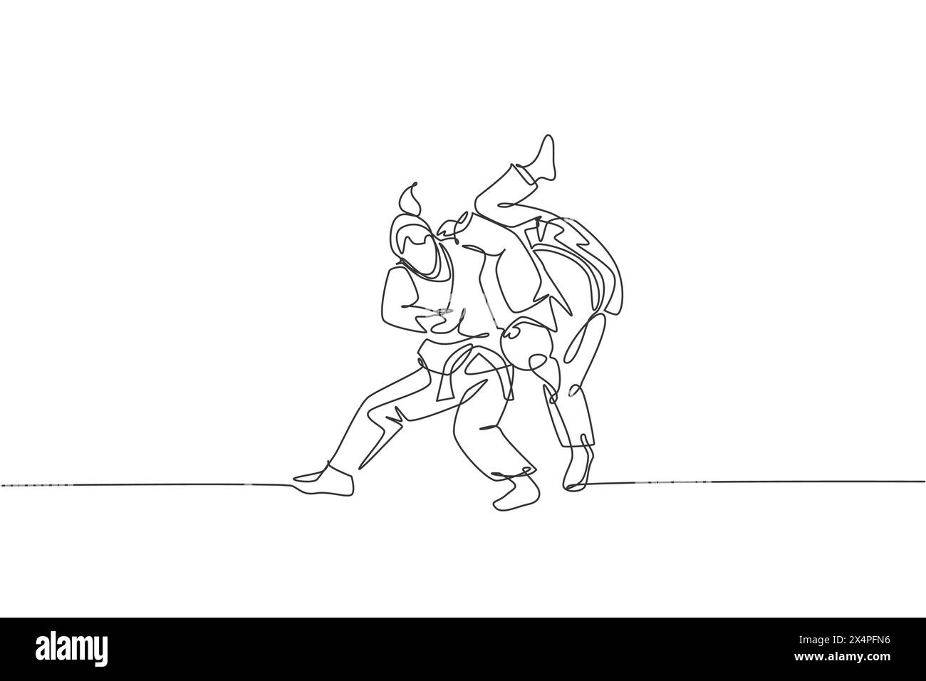 One continuous line drawing two young sporty women training judo technique at sports hall. Jiu ...