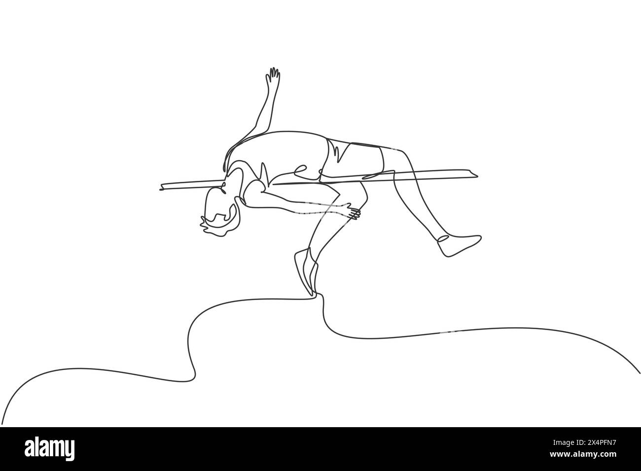 One continuous line drawing young sporty man success to pass the bar on ...