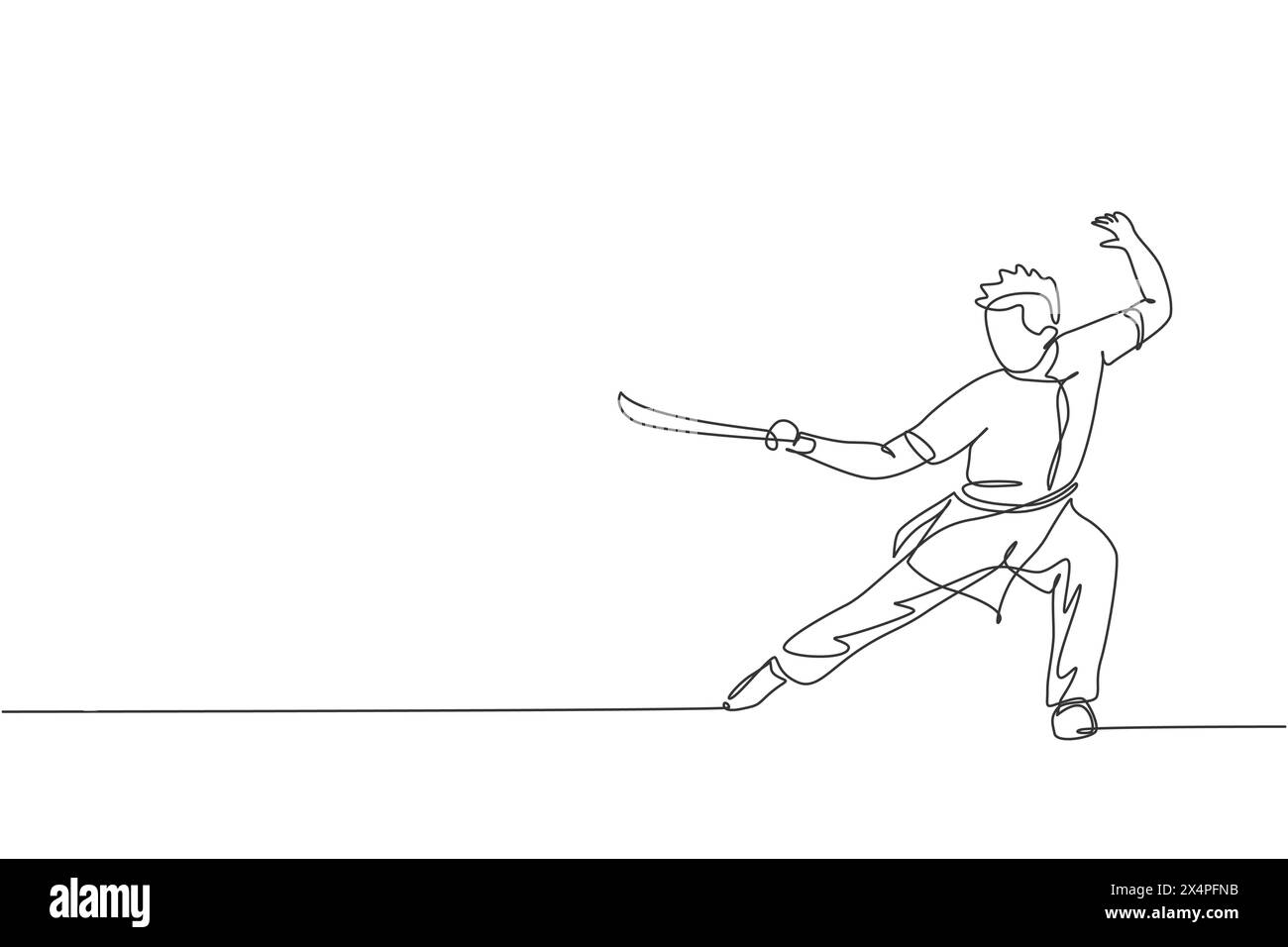One continuous line drawing of young wushu master man, kung fu warrior ...