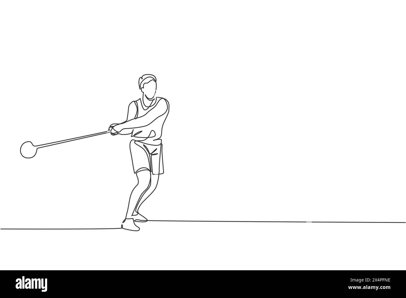 One single line drawing of young energetic man exercise to throw hammer powerfully on field ...