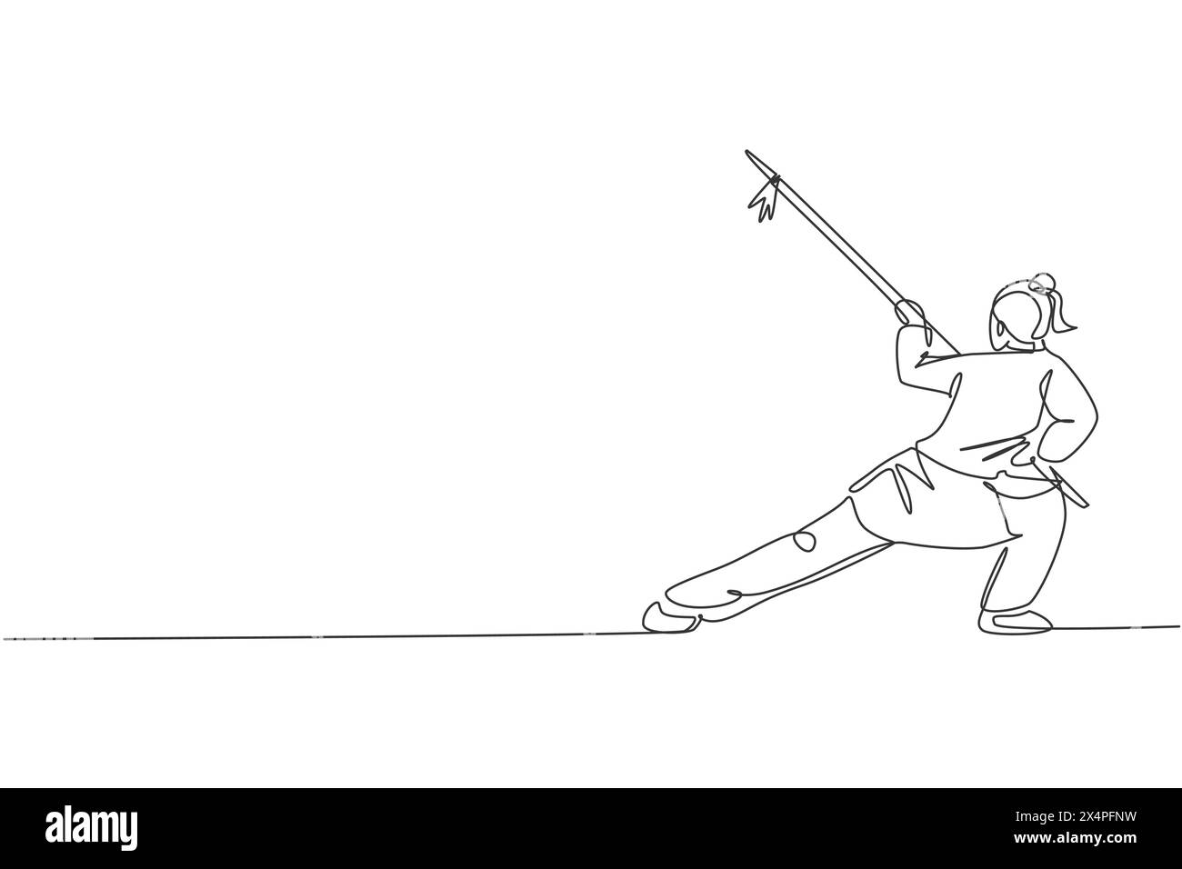 One single line drawing of young woman on kimono exercise wushu martial ...