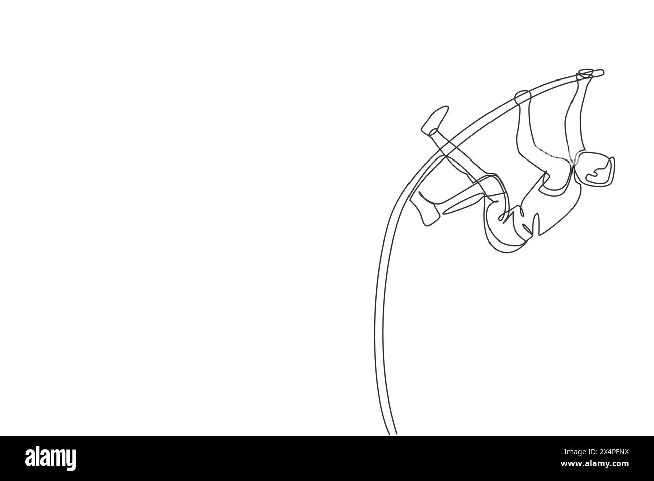 One single line drawing of young energetic man exercise pole vault to pass the bar at field ...