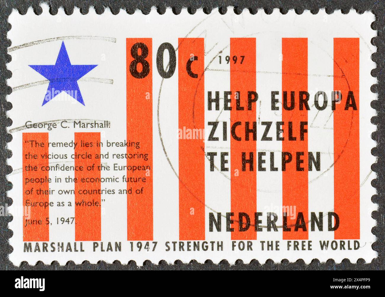 Cancelled postage stamp printed by Netherlands, that shows Star and ...