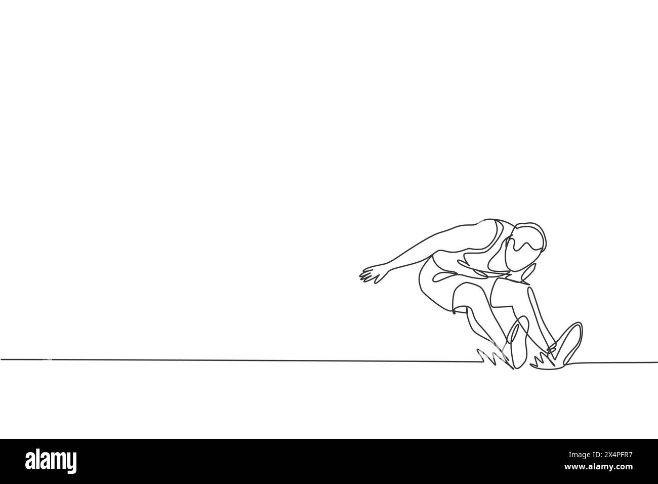 One continuous line drawing of young sporty man practicing to land on ...