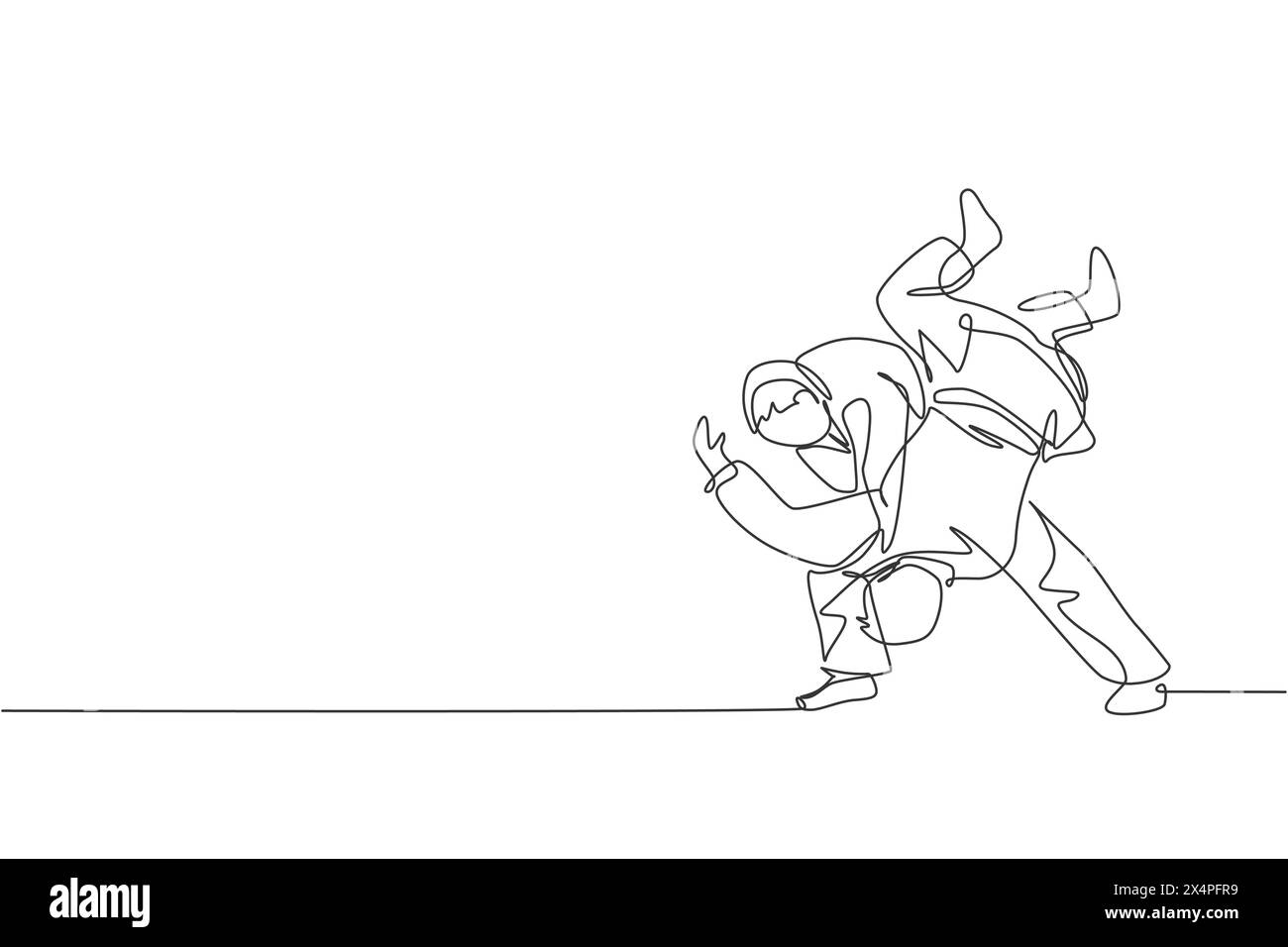 One single line drawing of two young energetic judokas fighter men ...
