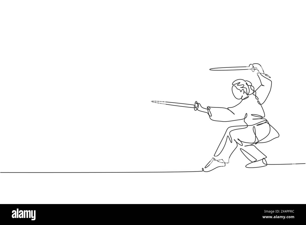 Single continuous line drawing of young woman wushu fighter, kung fu ...