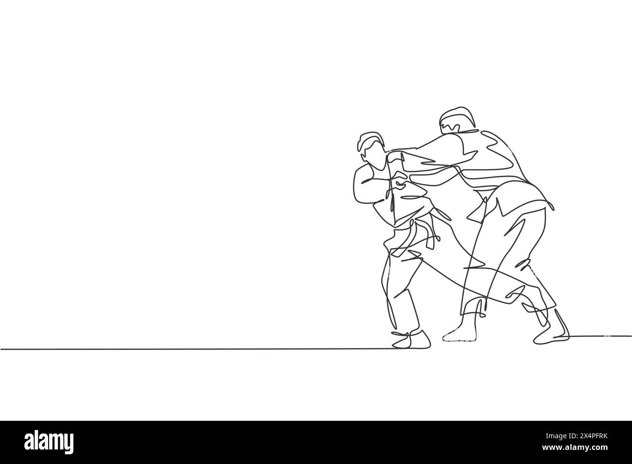 One single line drawing of two young energetic judokas fighter men ...