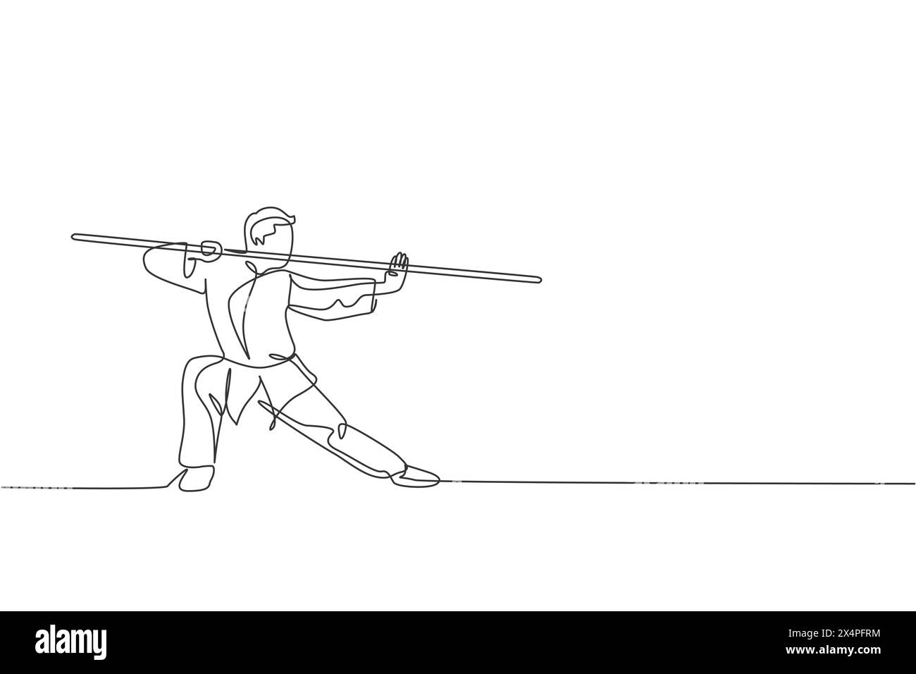 One continuous line drawing of young wushu master man, kung fu warrior ...