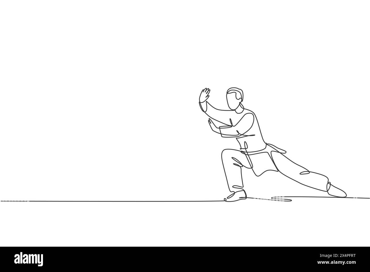 Single continuous line drawing of young man wushu fighter, kung fu ...