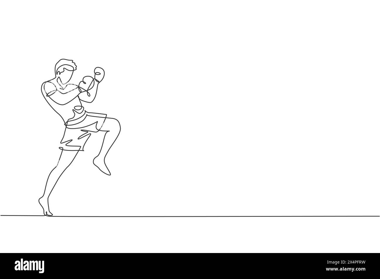 One continuous line drawing of young sporty muay thai boxer man ...