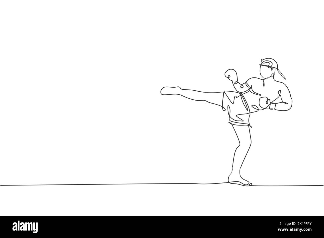 Single continuous line drawing young sportive man training thai boxing ...
