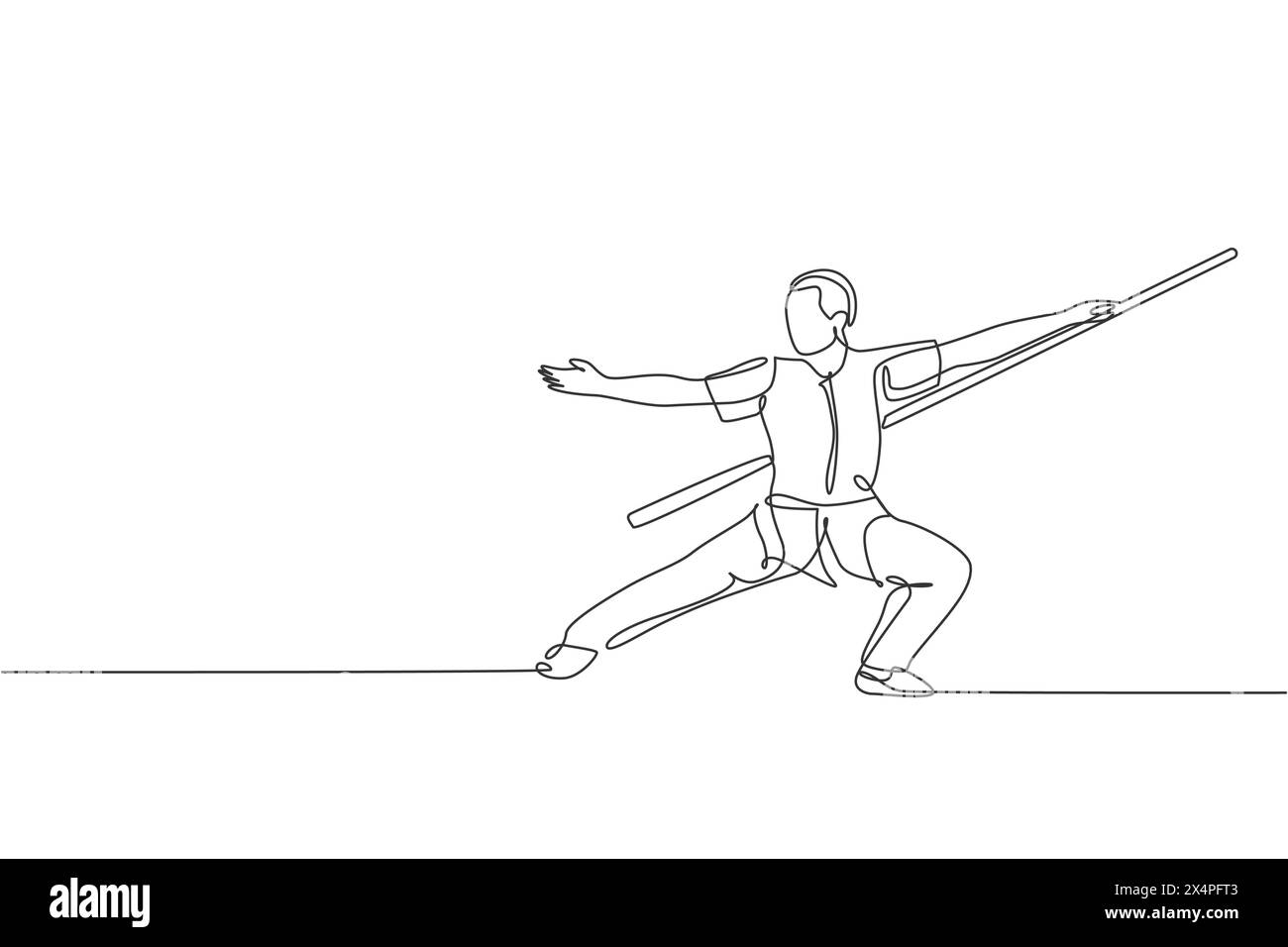 Single continuous line drawing of young man wushu fighter, kung fu ...