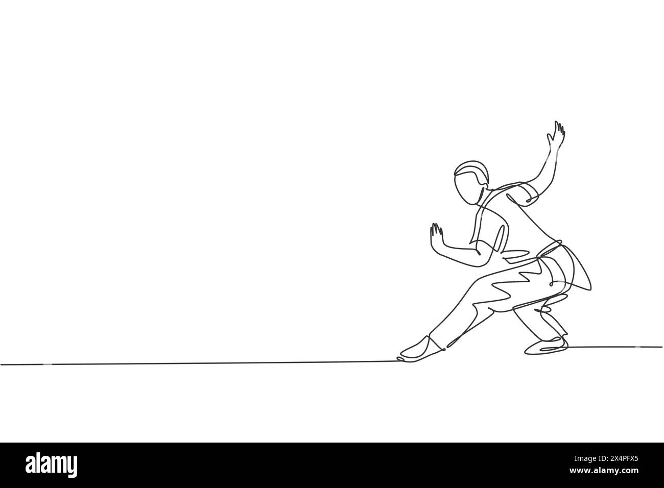 Single continuous line drawing young man wushu fighter, kung fu master ...