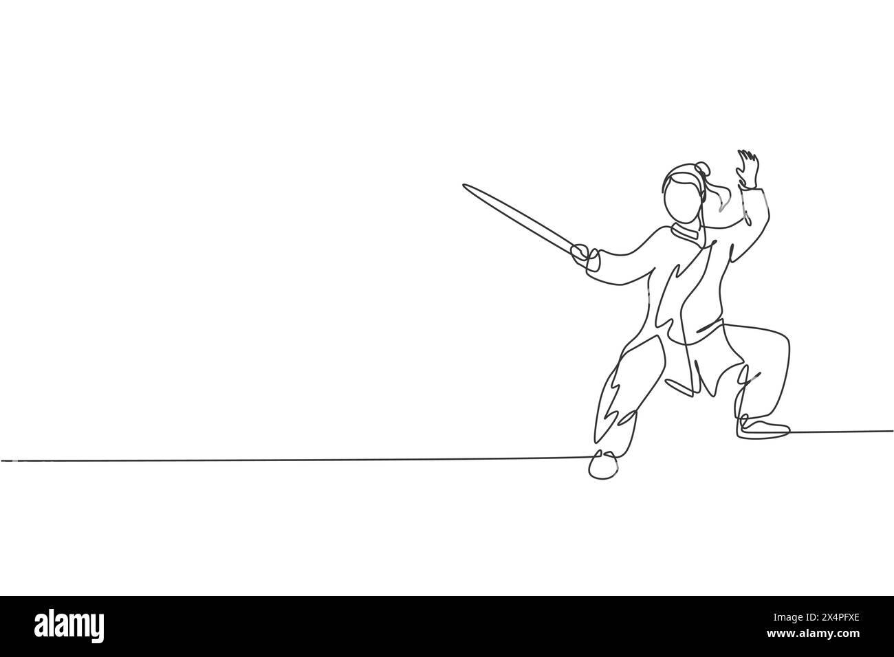 Single continuous line drawing of young woman wushu fighter, kung fu ...