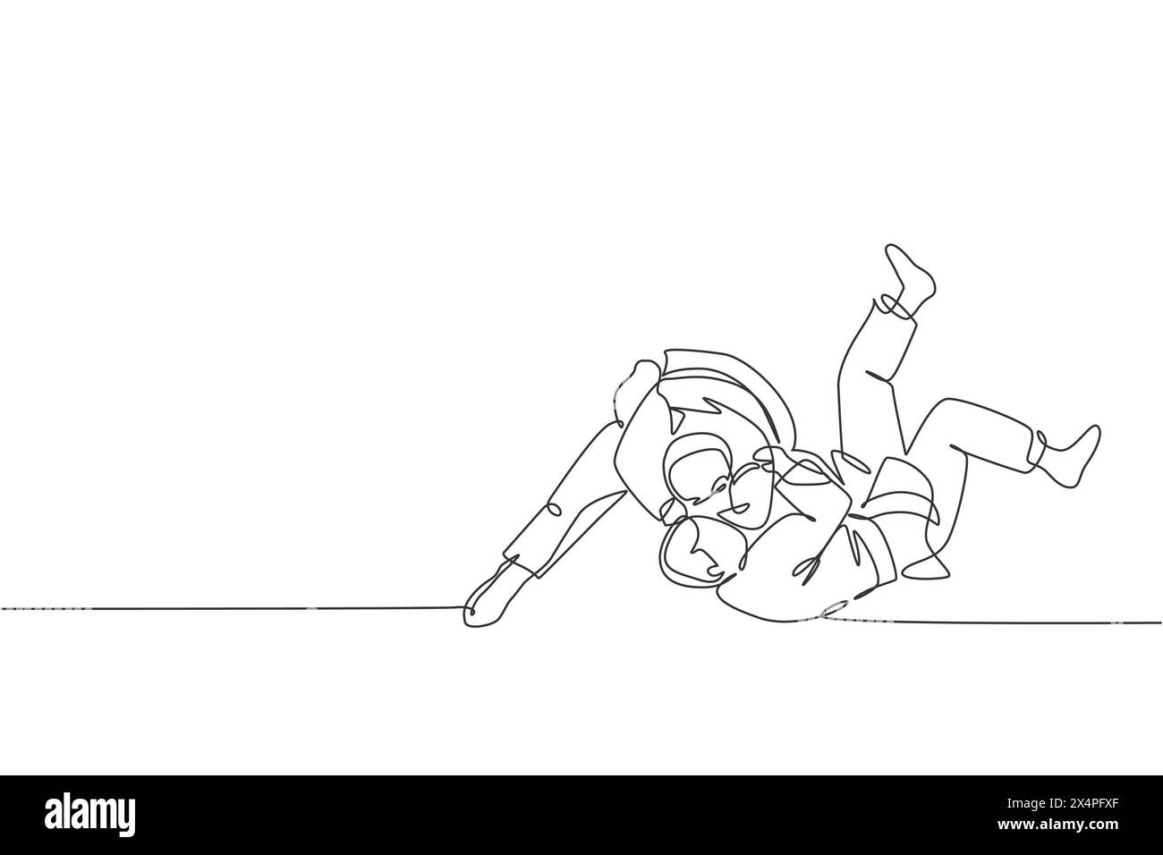 Single continuous line drawing of two young sportive judoka fighter men ...