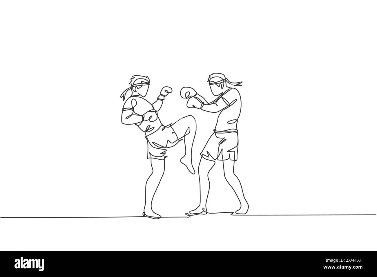 Single continuous line drawing of two young sportive men training thai ...