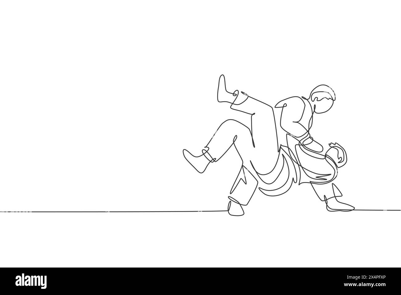 One continuous line drawing of two young sporty men training judo ...