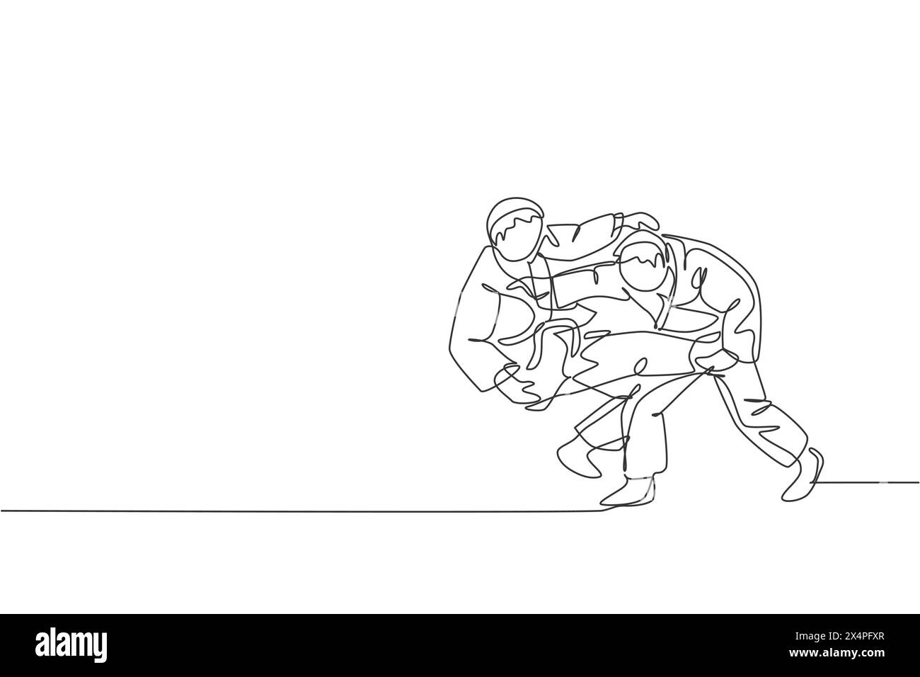 Single continuous line drawing of two young sportive judoka fighter men ...
