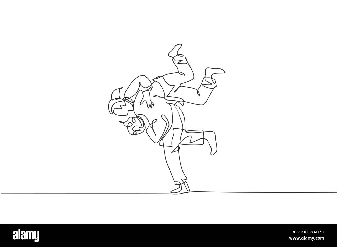 Single continuous line drawing two sportive judoka fighter women ...