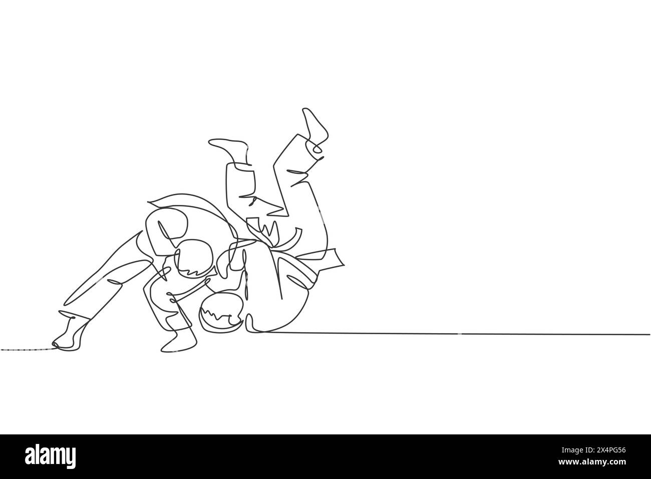 Single continuous line drawing of two young sportive judoka fighter men ...
