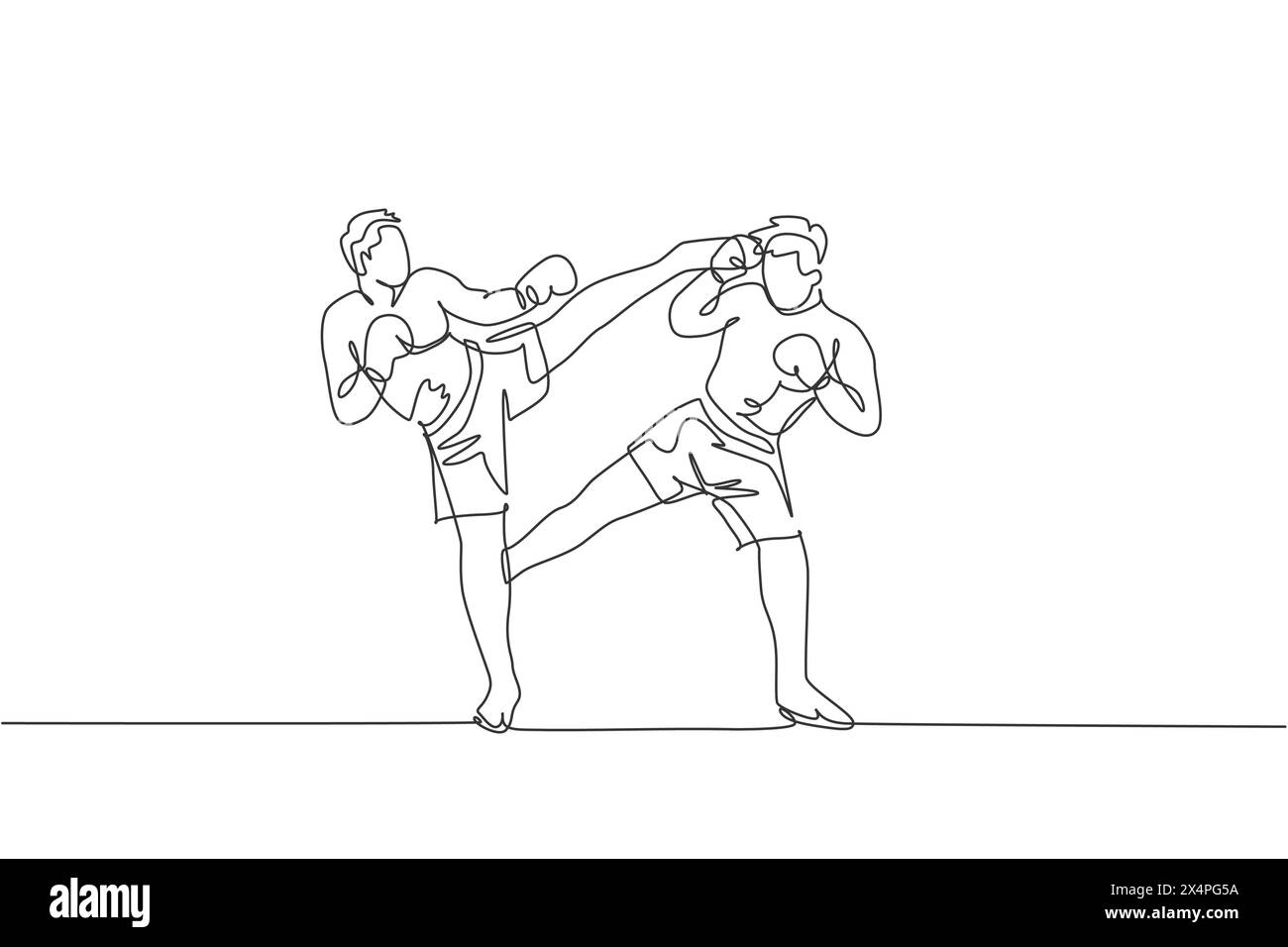 One single line drawing of young energetic man kickboxer practice ...