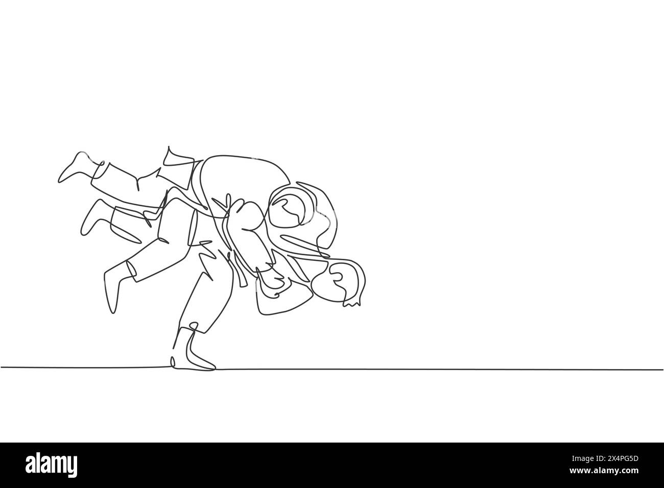Single continuous line drawing of two young sportive judoka fighter men ...